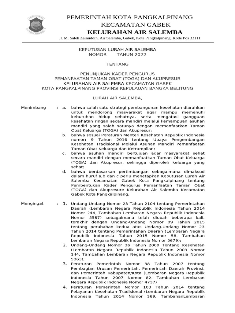 Penunjukan Kader TOGA dan Akupresur | PDF