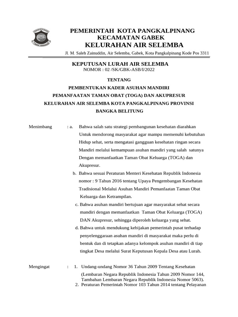 Kader Asuhan Mandiri TOGA dan Akupresur | PDF