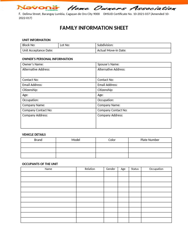 Family Information Sheet | PDF | Government And Personhood