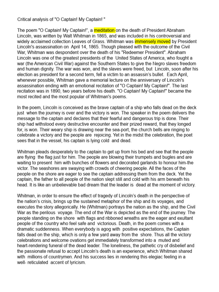 Critical Analysis of "O Captain! My Captain!" | PDF | Abraham Lincoln ...