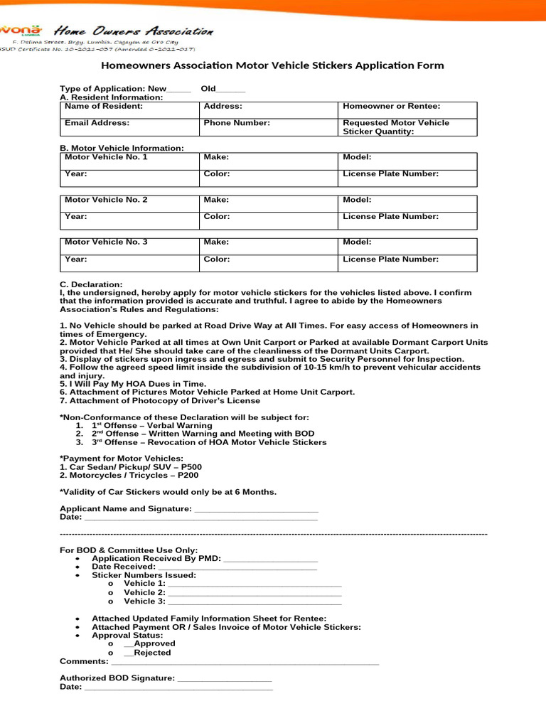 HOA Motor Vehicle Sticker Application | PDF | Vehicles | Vehicle ...
