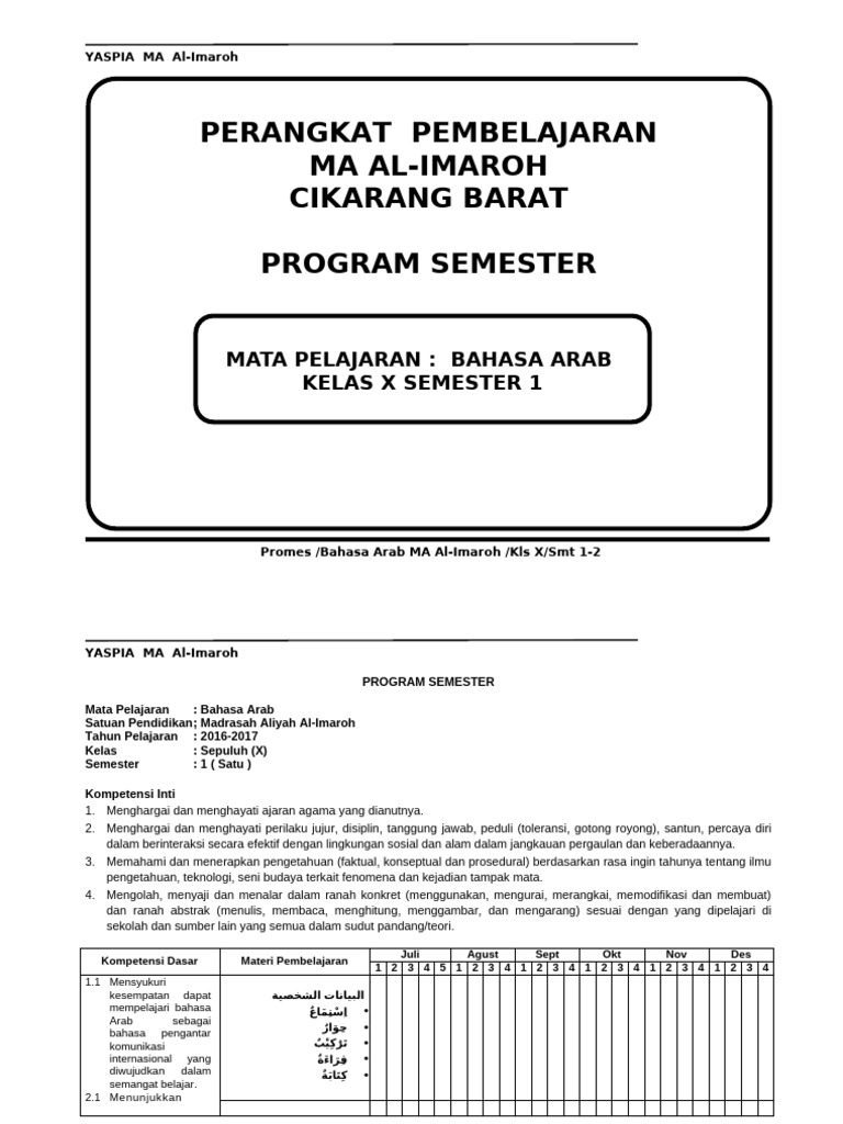 Program Semester Promes Prosem Bahasa Ar | PDF