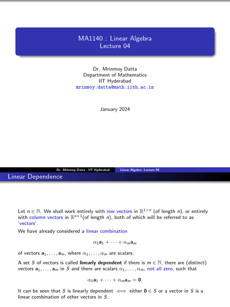 Linear Algebra Lecture 4 Pdf Vector Space Linear Algebra