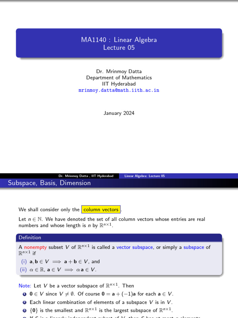 Linear Algebra Lecture 05: Subspaces & Basis | PDF | Linear Subspace ...