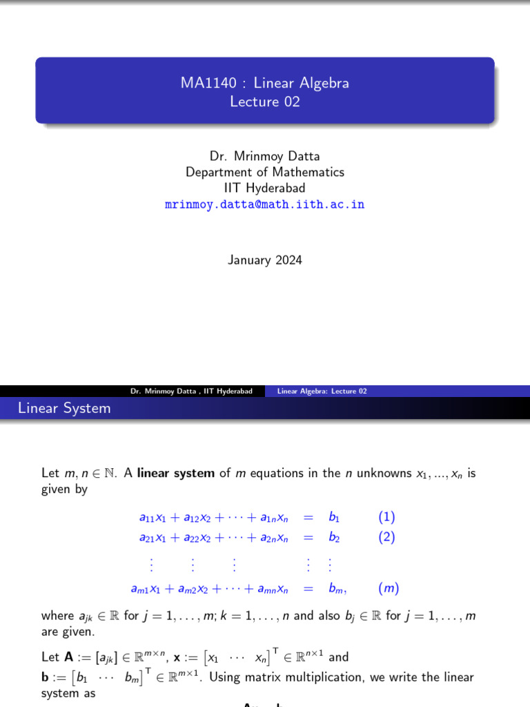 Linear - Algebra Lecture 2 | PDF | System Of Linear Equations | Matrix (Mathematics)