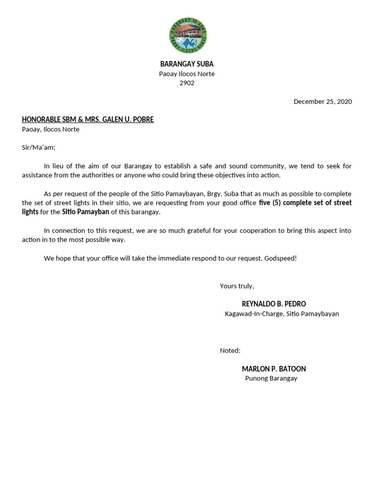 Request for Street Lights in Barangay Suba | PDF