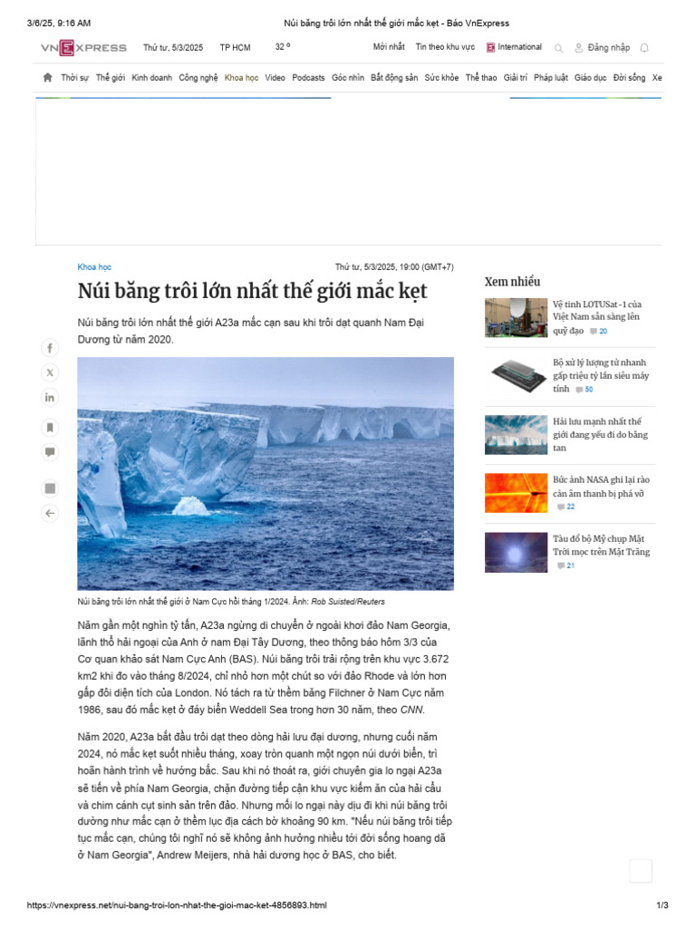 Núi Băng Trôi Lớn Nhất Thế Giới Mắc Kẹt - Báo VnExpress | PDF