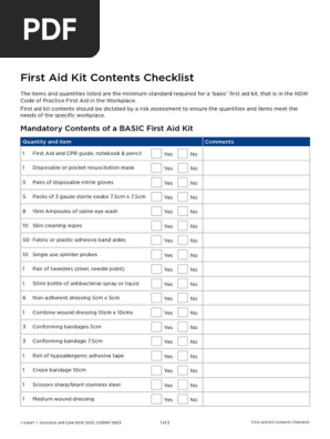 Workplace First Aid Kit Checklist