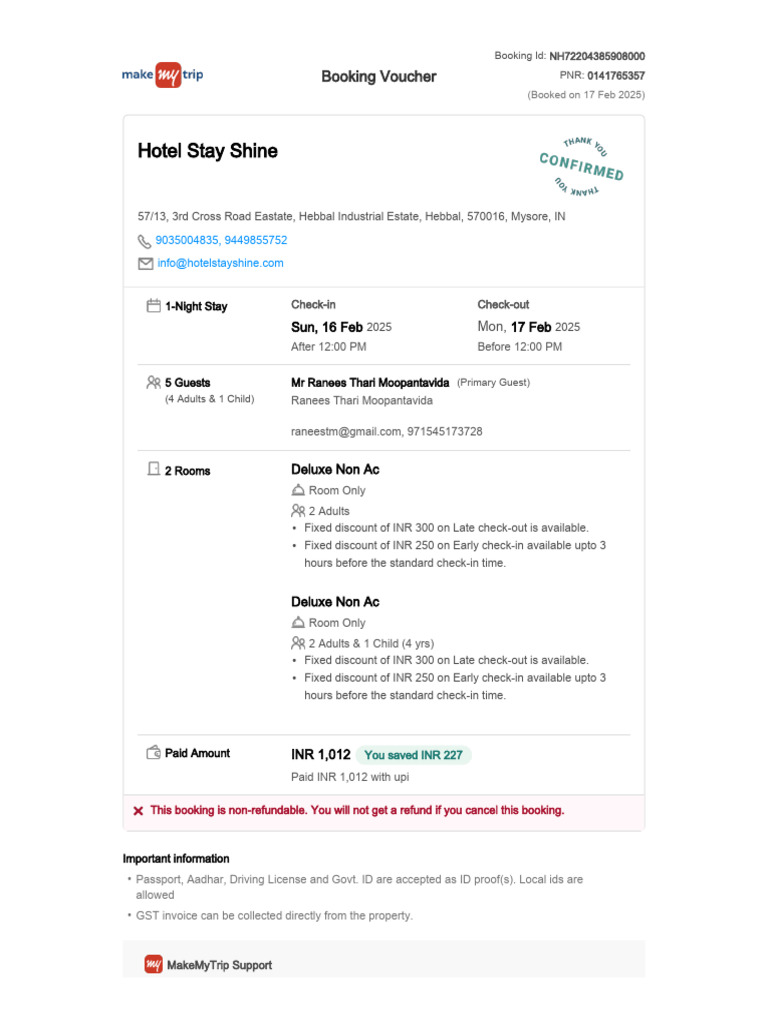 Booking Voucher Details for Hotel Stay | PDF