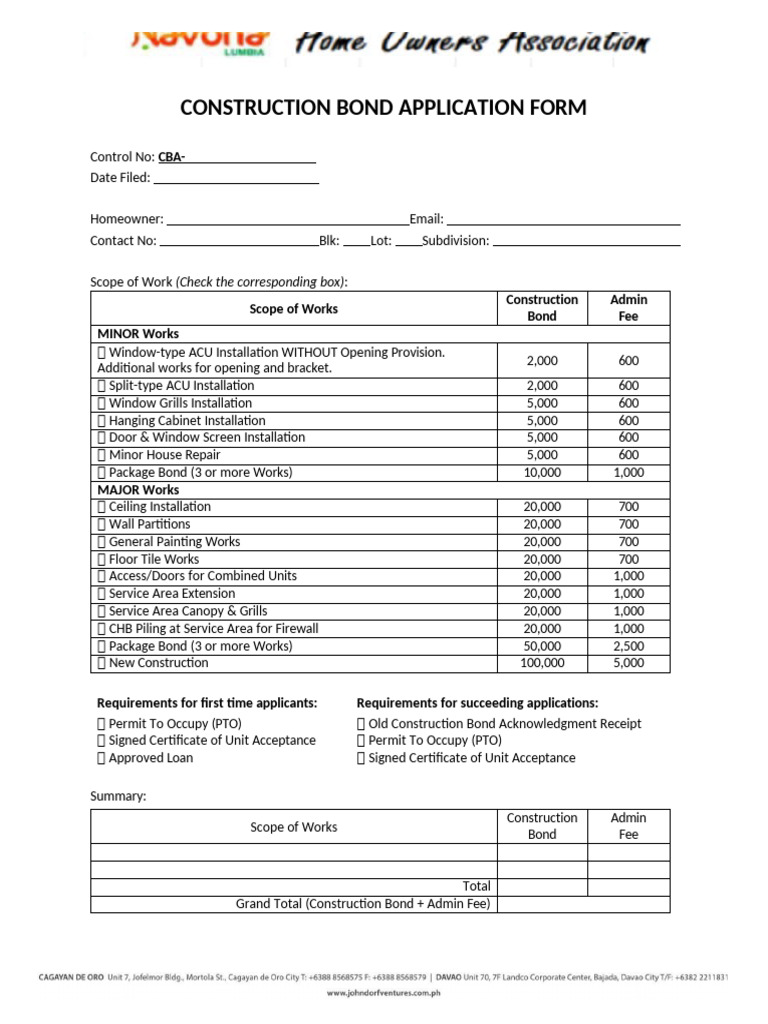 PMD FM 12 Construction Bond Application Form Rev. 2021 01 | PDF