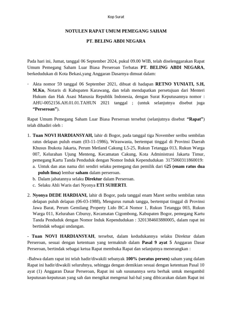 NOTULEN RUPS PT. Beling Abdi Indonesia | PDF
