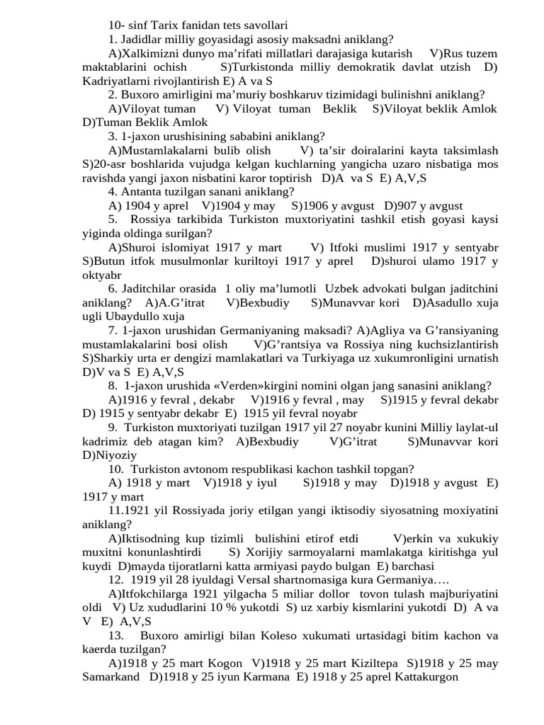 10 Sinf Tarix Fanidan Testlar 1 | PDF