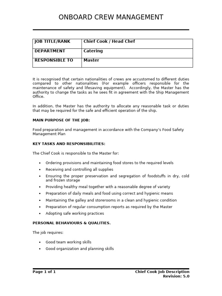Chief Cook Job Description | PDF