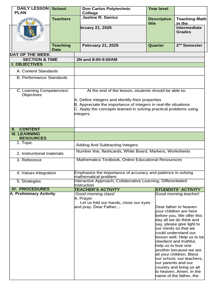 Detailed Lesson of Adding and Subtracting Intergers | PDF | Mathematics ...