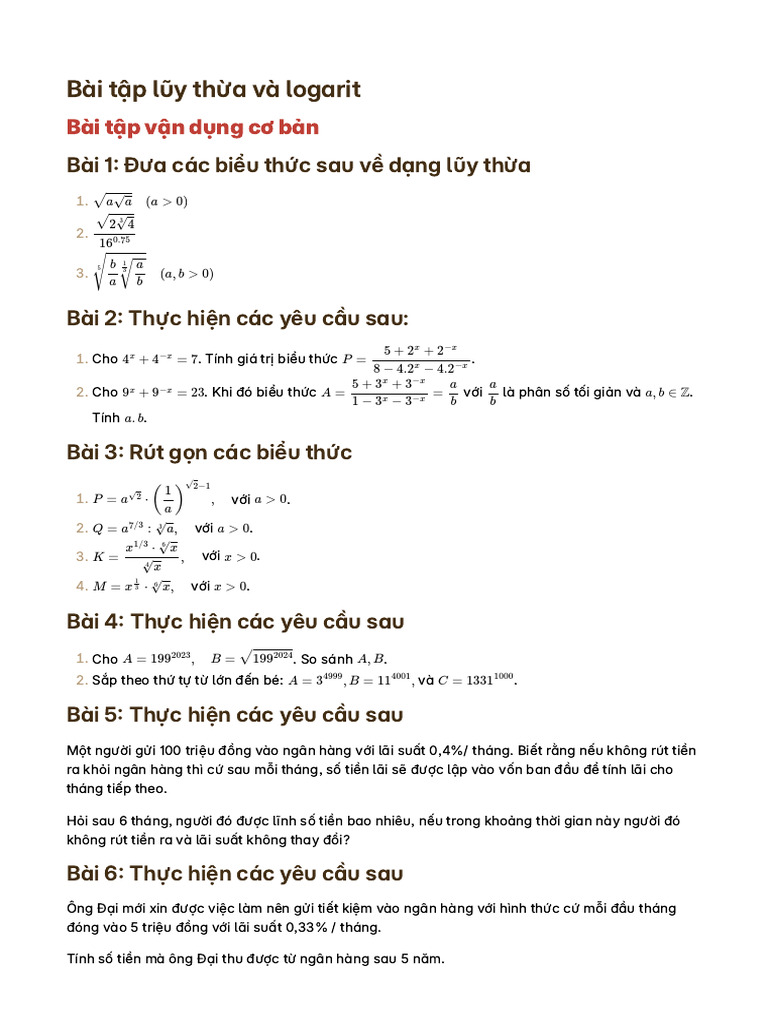 Bài tập lũy thừa và logarit | PDF