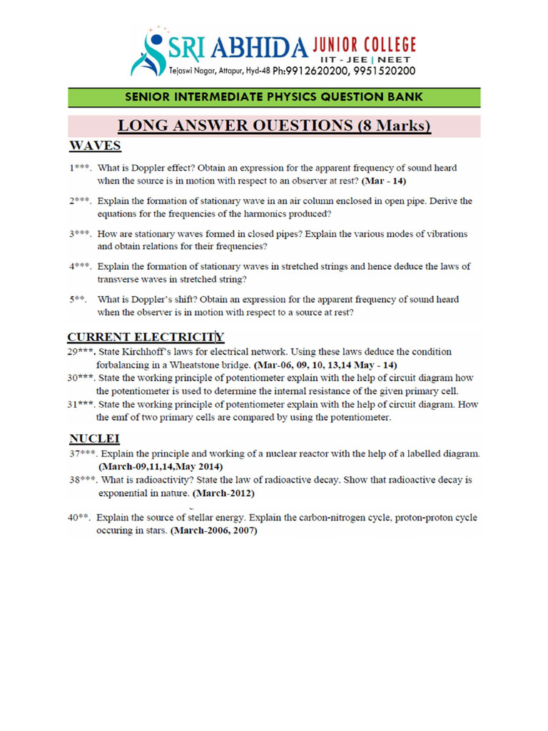 SR Inter Phy Imp Questions 2024 | PDF