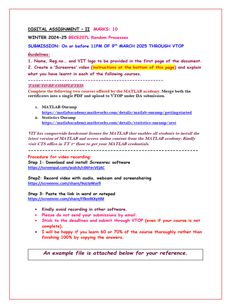 VTOP Submission for MATLAB Courses | PDF