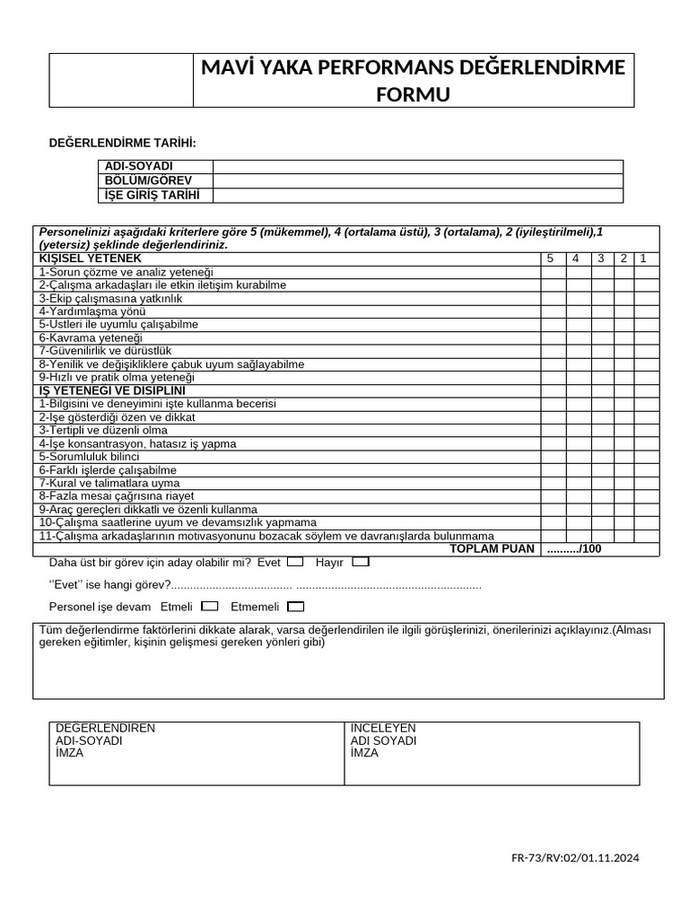 FR 73 Mavi̇ Yaka Performans Değerlendi̇rme Formu | PDF