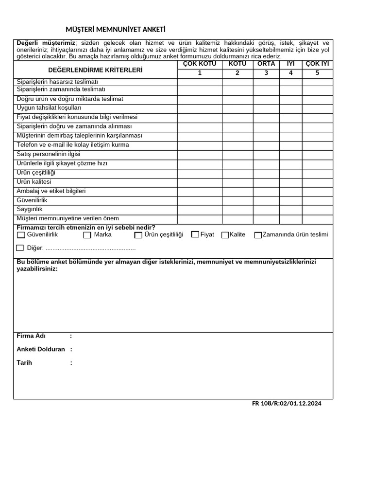 FR 108 MÜŞTERİ MEMNUNİYET ANKETİ FORMU | PDF