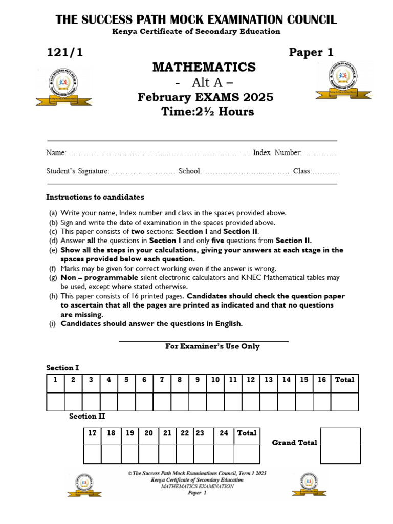 Success Feb 2025 Maths Pp1 Qs | PDF | Area | Geometry