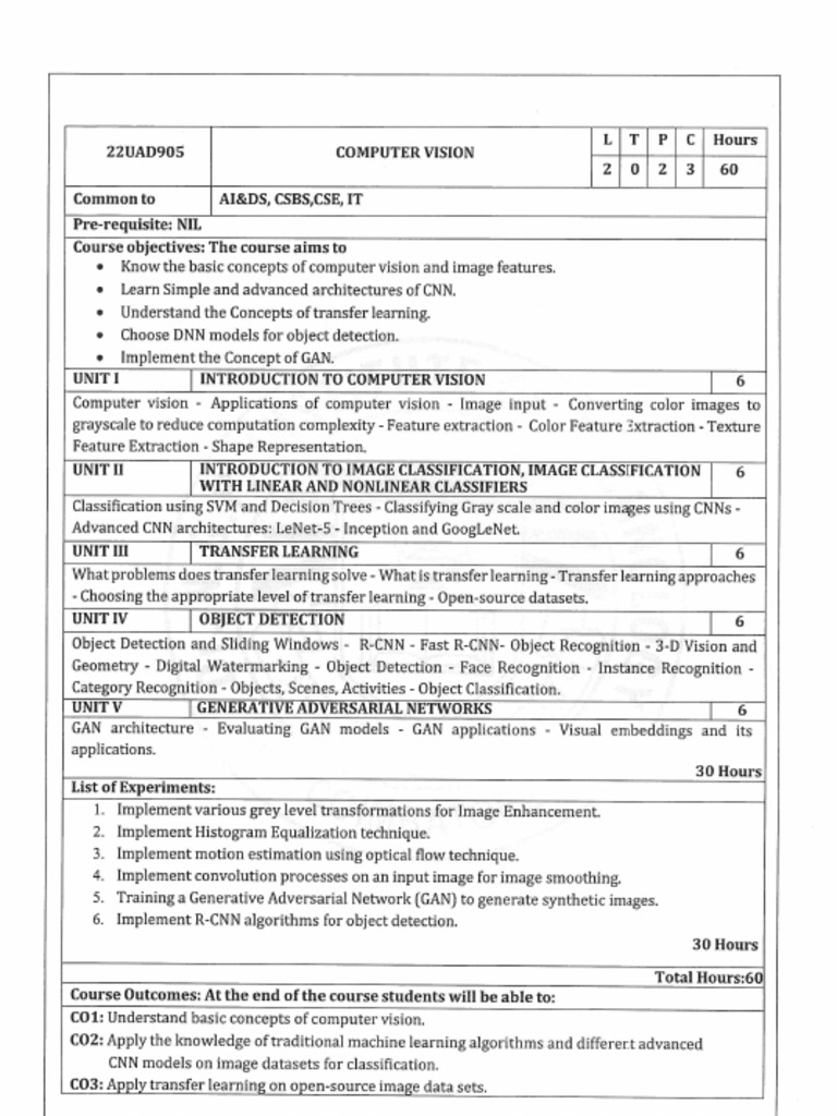 22UAD905-Computer Vision | PDF