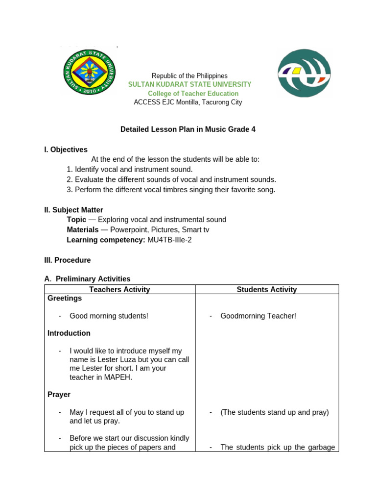 Grade 4 Music Lesson Plan: Sounds Exploration | PDF | Human Voice ...