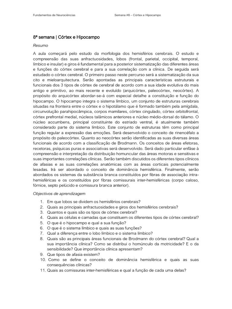 8a Semana Aula Tarde Cortex Hipocampo | PDF | Córtex cerebral | Neurociência