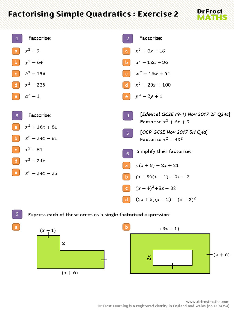 592 - Factorising Simple Quadratics - Exercise 2 | PDF