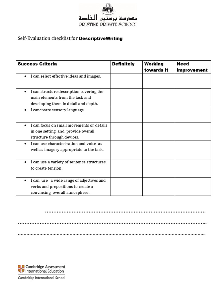 CHECK LIST- DESCRIPTIVE WRITING | PDF