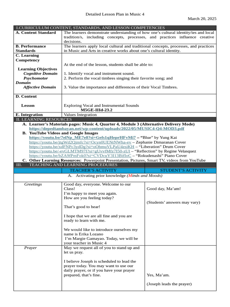 MATATAG-Lesson-Plan-Template-copy | PDF | Human Voice | Singing