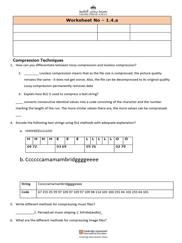 Worksheet 1.4.a Compression Techniques 1 | PDF | Data Compression ...