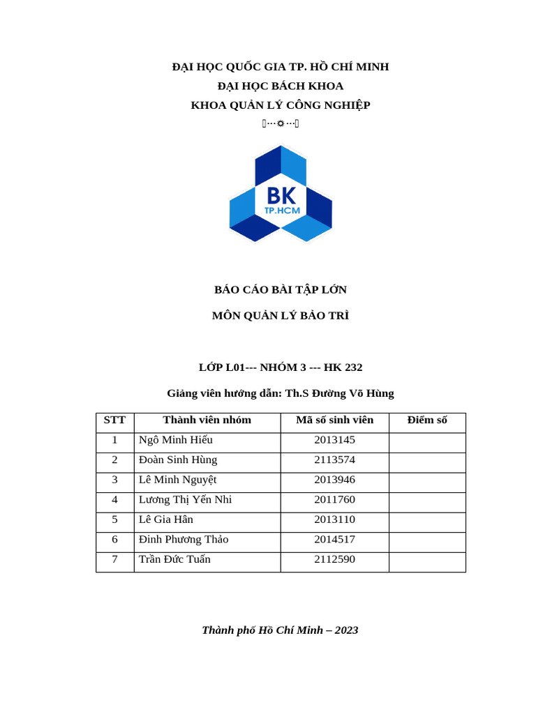 BTL Quản lý bảo trì L01 Nhóm 3 HK 232 | PDF