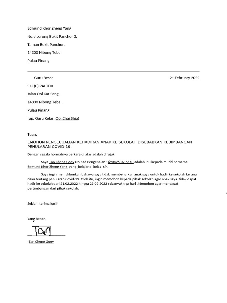 Surat Rasmi Cuti Sekolah | PDF