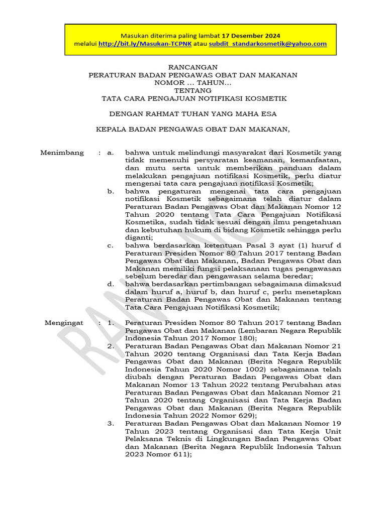 Rancangan PerBPOM TCPNK | PDF