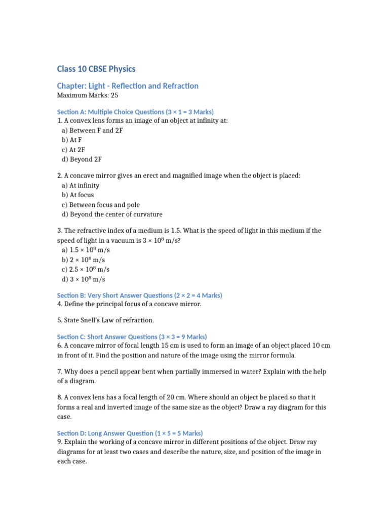 Class - 10 - Physics Cbse Practice | PDF