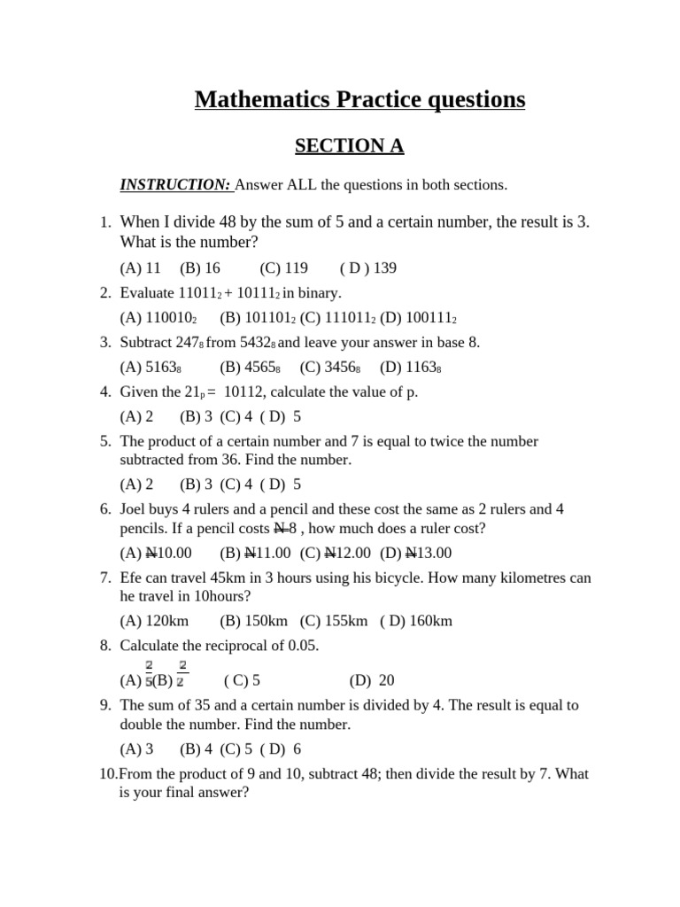 SS1 Maths Practice Questions | PDF | Numbers | Arithmetic