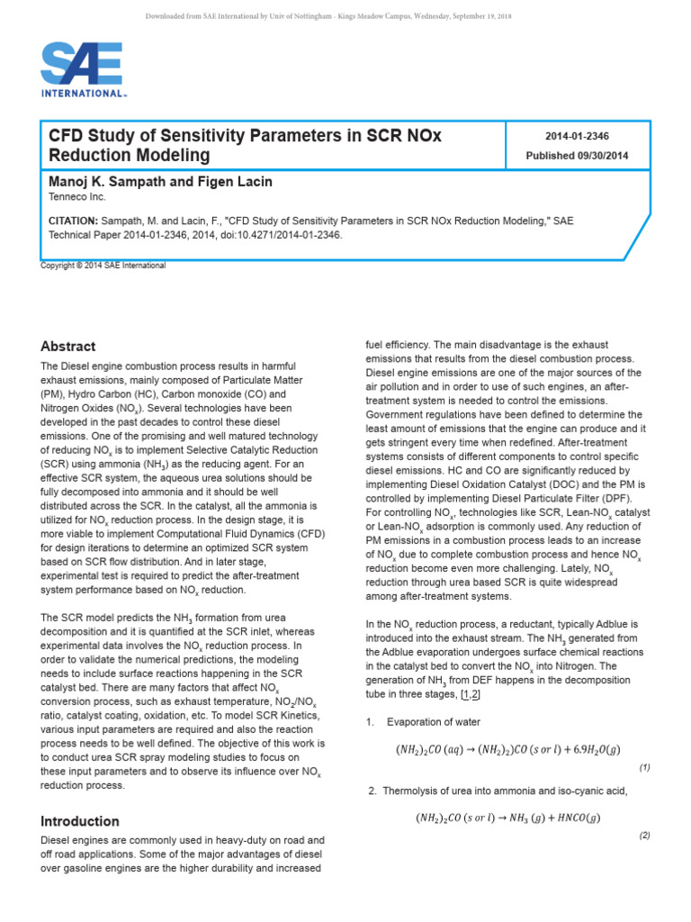 CFD Study of Sensitivity Parameters in SCR NOx | PDF | N Ox | Exhaust Gas