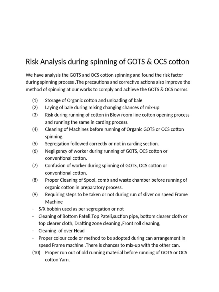 Risk Analysis During Spinning of GOTS | PDF | Spinning (Textiles ...