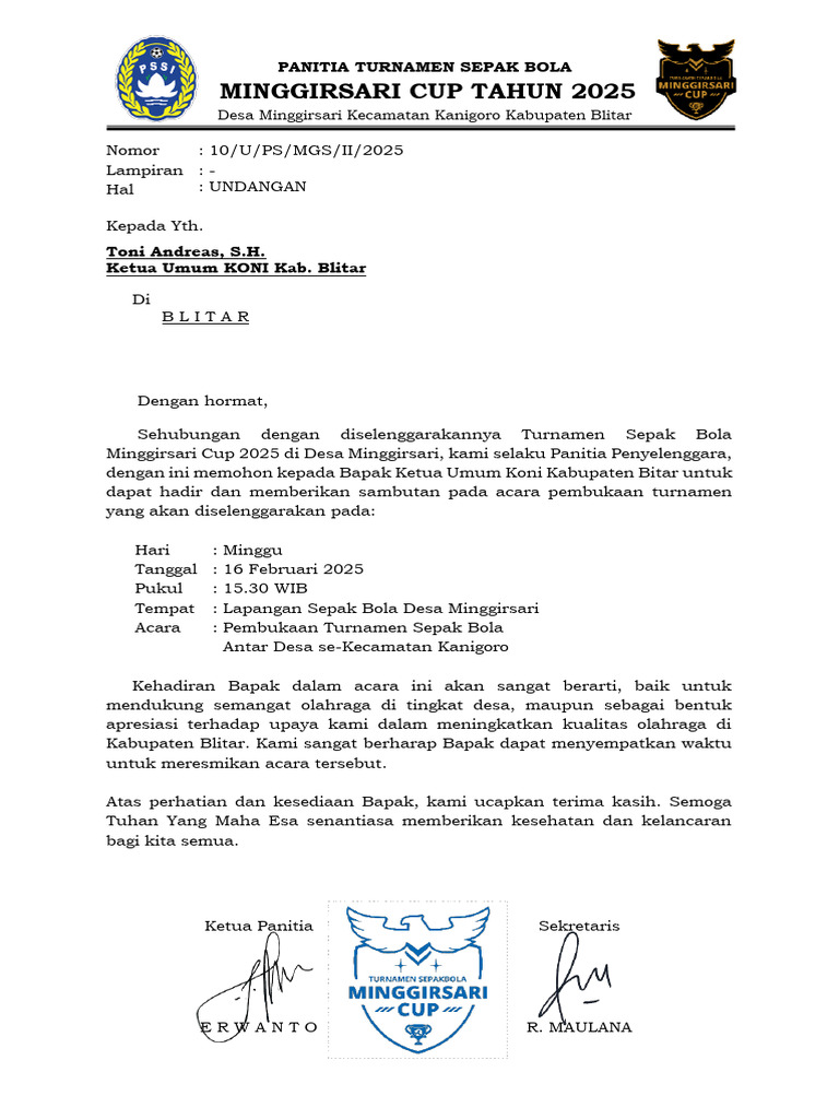 Koni - Undangan Pembukaan Turnamen Sepak Bola Minggirsari Cup 2025 | PDF