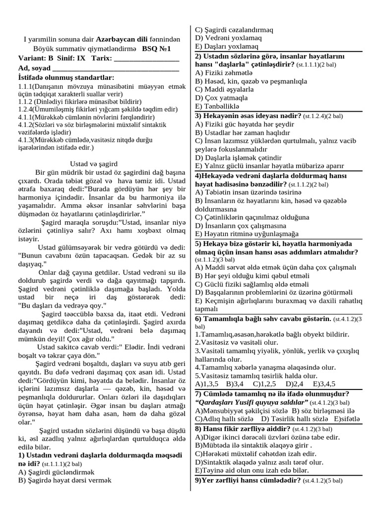 IX sinif Azərbaycan dili BSQ-1 B variantı 2024-2025 Paylaşmaq qadağandır! | PDF