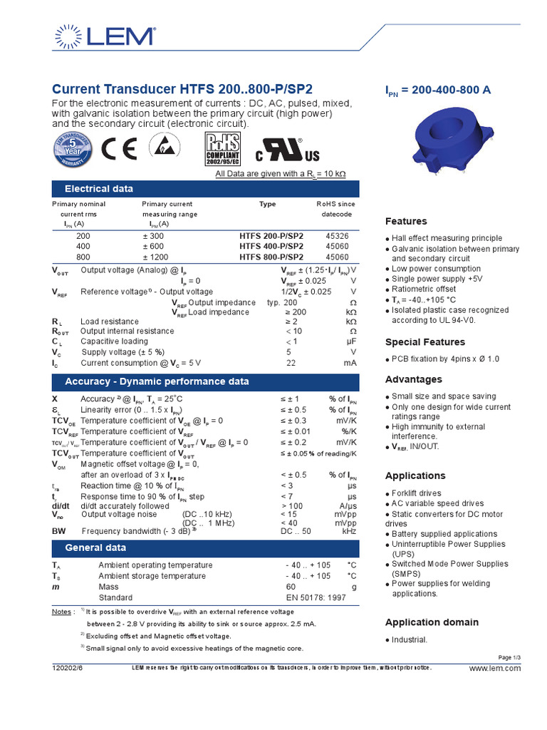 LEM Current Sensor HTFS | PDF | Power Supply | Electronic Engineering