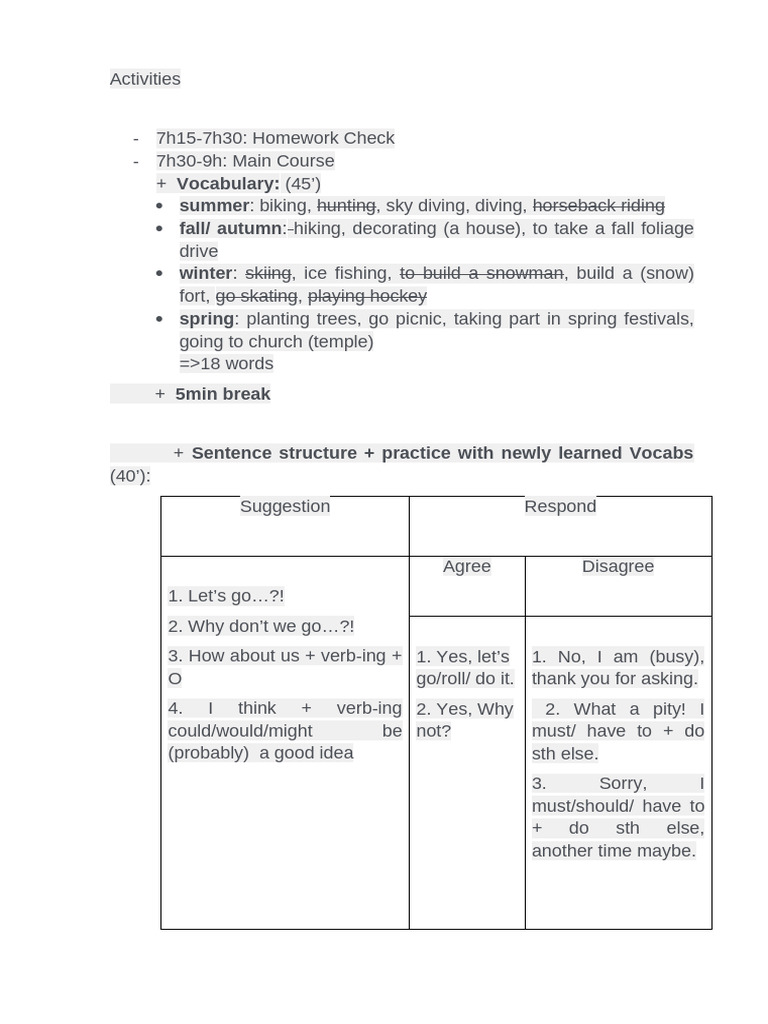 BasicClass Lesson4 - Activities | PDF
