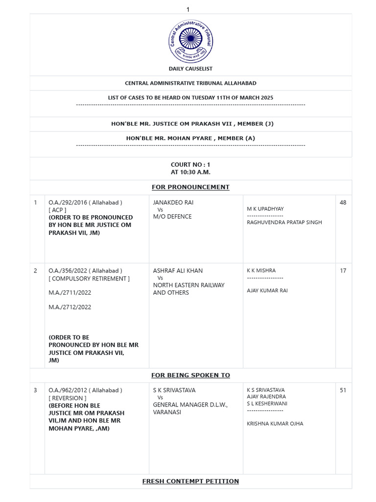 Daily Cause List for CAT Allahabad | PDF