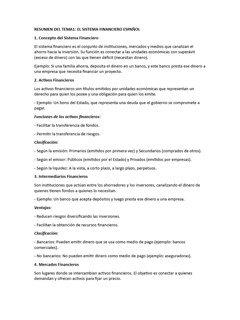 Resumen Del Tema1 | PDF | Sistema financiero | Bancos