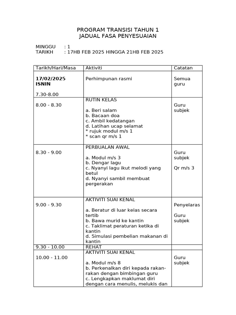 Jadual Transisi Minggu 1 | PDF
