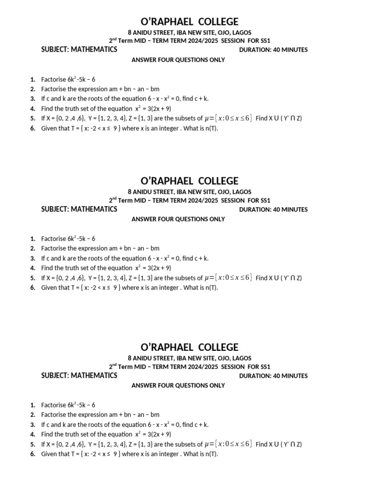 SS1-SS3 Mathematics Exam Questions 2024 | PDF | Mathematics | Algebra