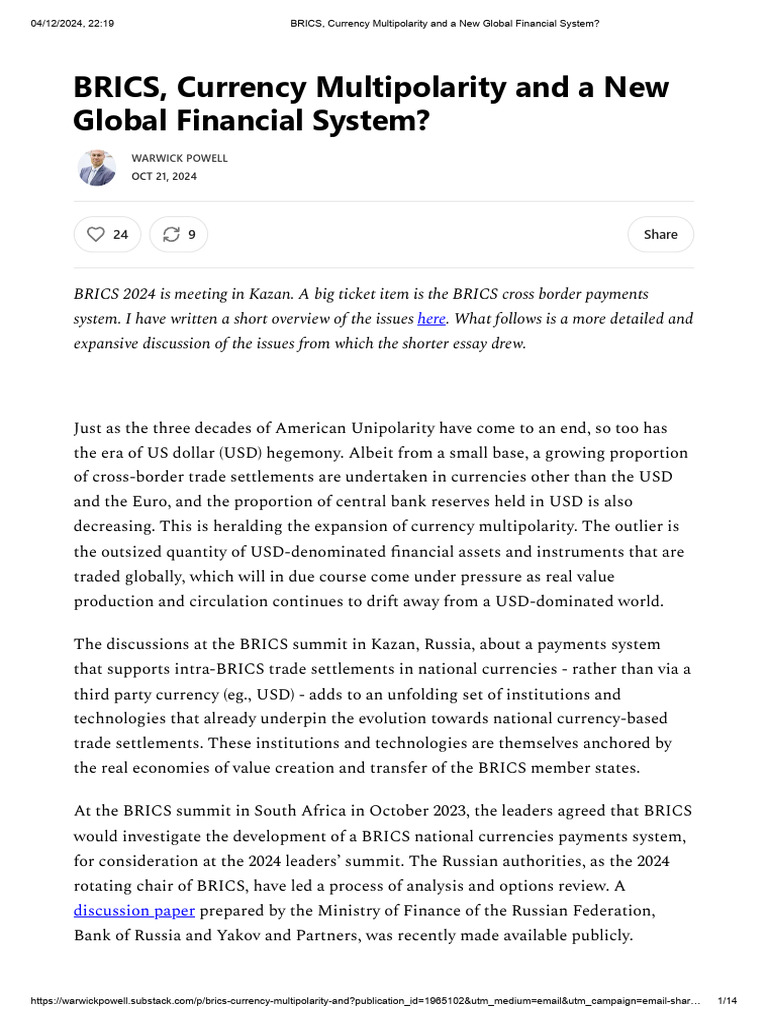 BRICS, Currency Multipolarity and A New Global Financial System | PDF ...