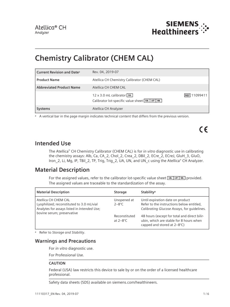 CHEM CAL - Chemistry - Calibrator - 11099411 - 2019.07 - Rev - 04 | PDF ...
