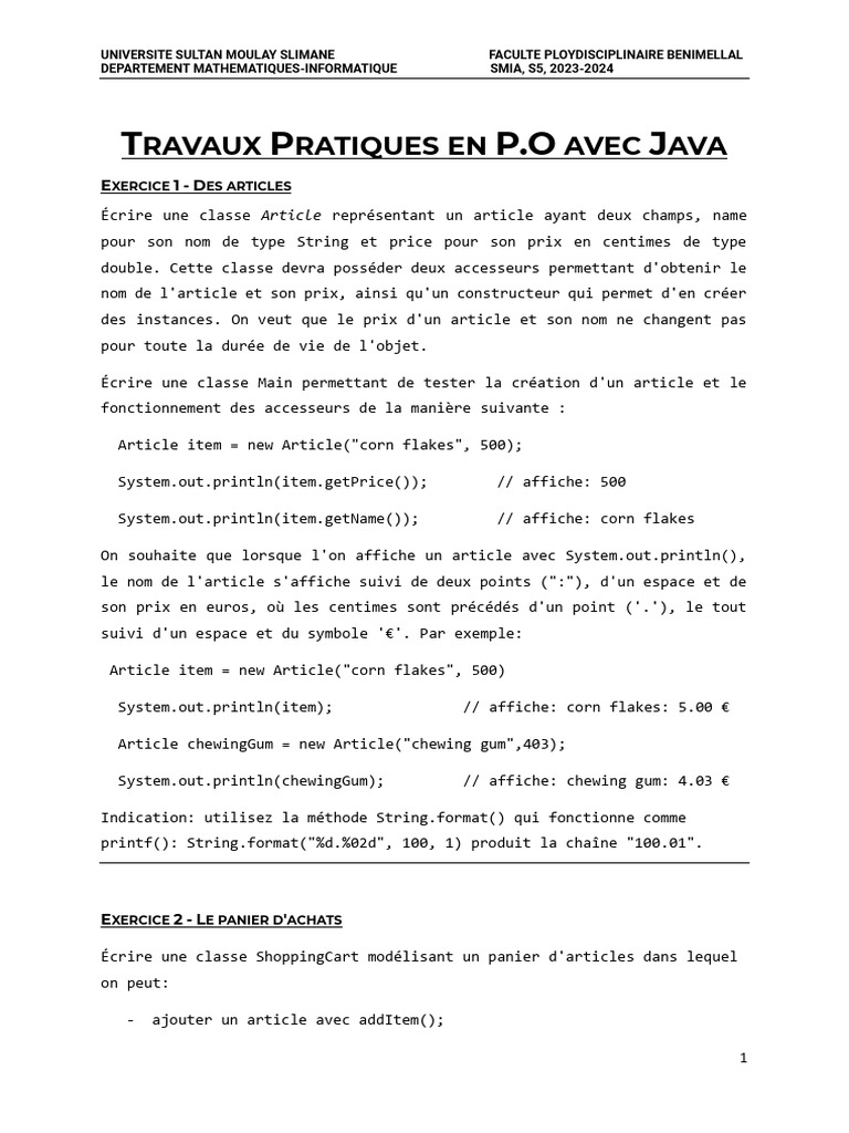 Travaux Pratiques Java : Articles et Panier | PDF | Programmation ...