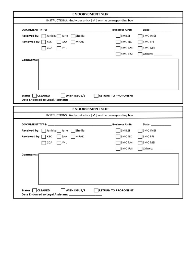 Endorsement Slip Template | PDF